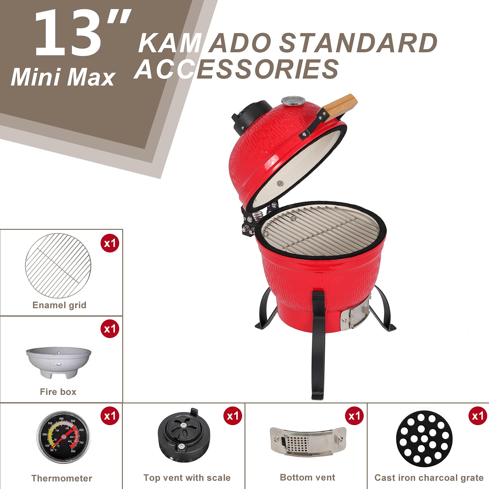 13 Inch Ceramic Charcoal Grill, Portable Charcoal Grill Barbecue Grill, Roaster and Smoker, Small Grill Round Grill with bamboo handle, double display thermometer, Outdoor Mini Egg Style (Orange)