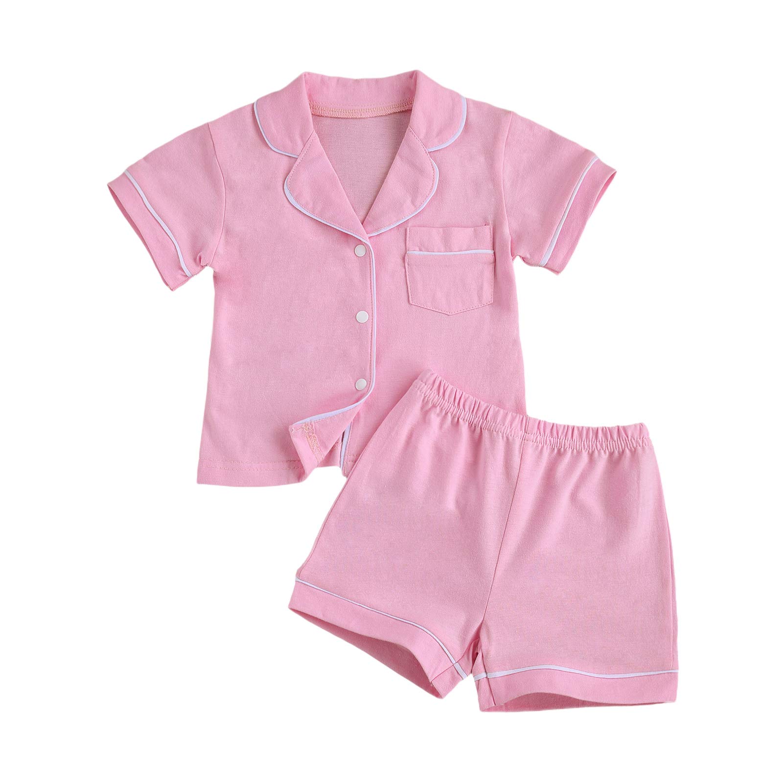 BULINGNA Kids Toddler Baby Girl Summer Two Piece Pajamas Set Short Sleeve Button Down Top with Shorts Pink
