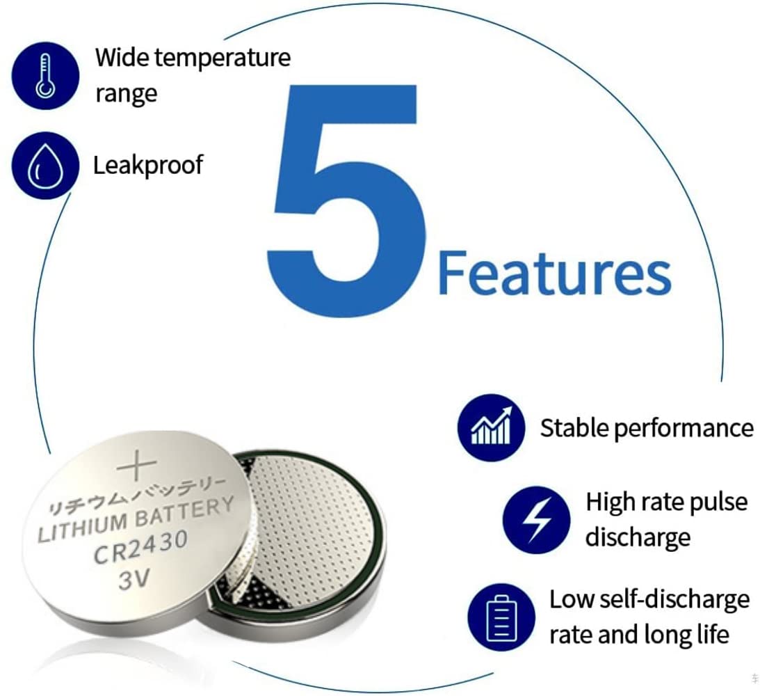 Cotchear 5Pcs CR2430 Button Battery 3V Electronic Lithium Coin Cell Batteries DL2430 BR2430 ECR2430 KL2430 EE6229 for Watch Toy Clocks