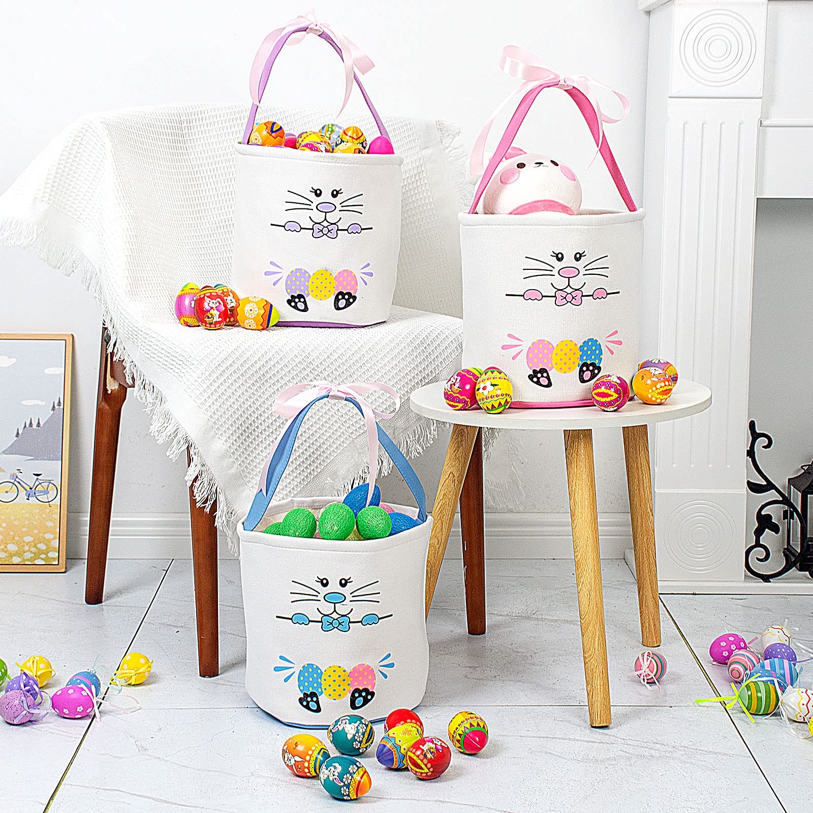 3 Pcs Easter Baskets for Kids - Easter Egg Bags Easter Candy Egg Hunt Basket Cute Rabbit Tote Bag for Kids Easter Decorations Eggs Candy