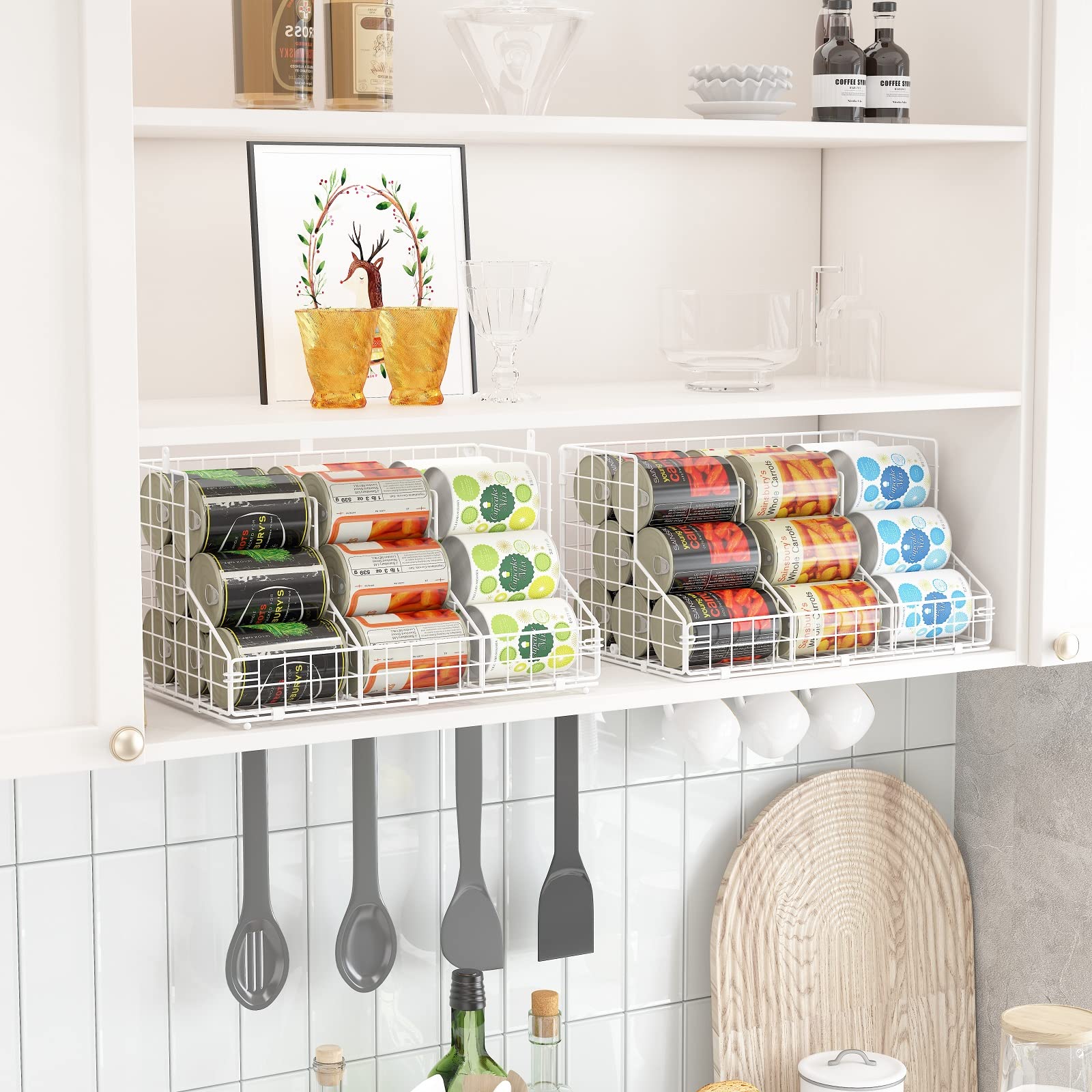 2 Pack-Stackable Can Rack Organizer for Pantry Storage, Can Dispensers with 4 Adjustable Dividers, 2-Tier Metal Wire Basket Beverage Pop Soda Rack for Kitchen Cabinet Pantry, White, Black