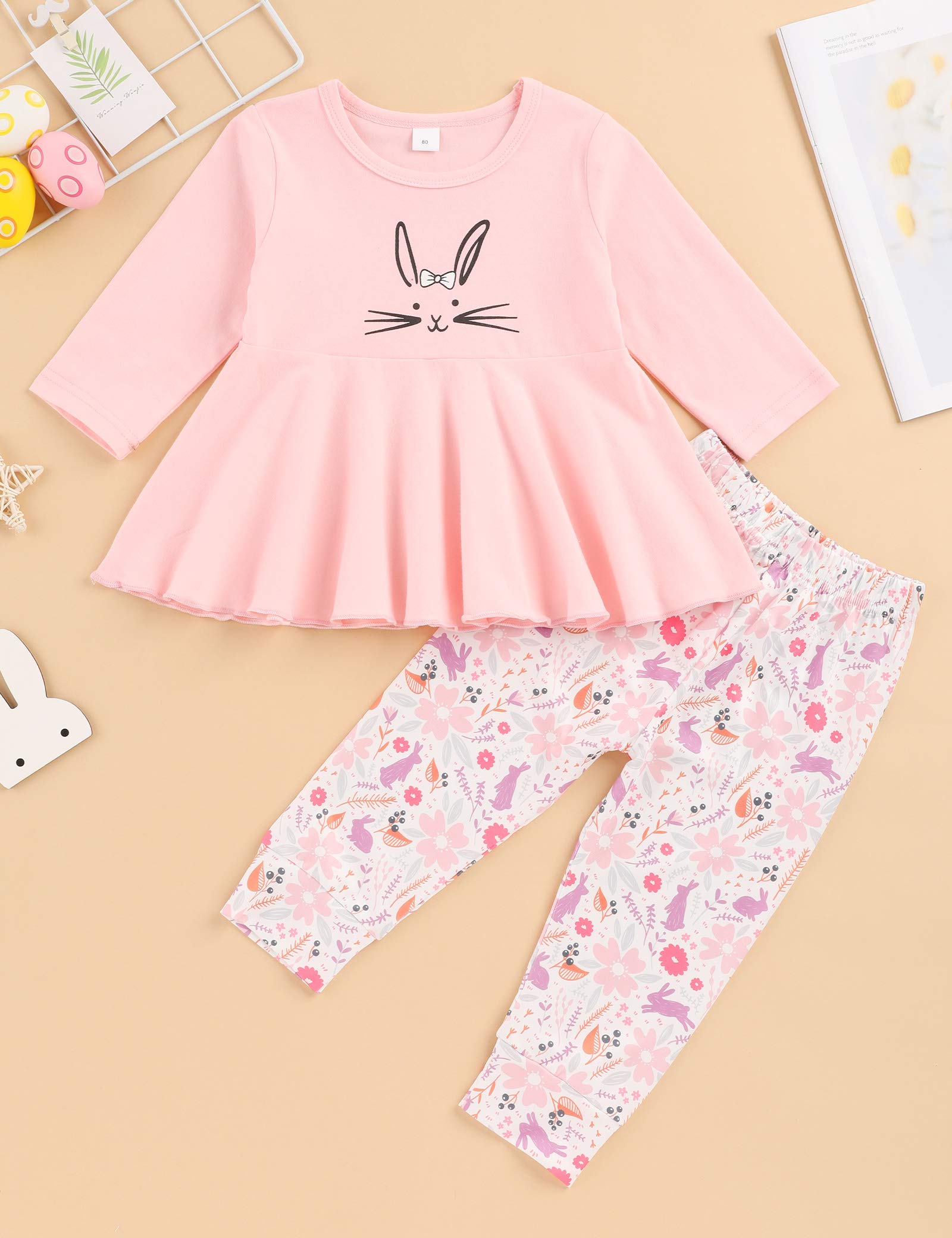 bilison Toddler Baby Girl Easter Outfit Sets Cute Long Sleeve Dress Top Bunny Floral Pants Girl Easter Clothes Sets