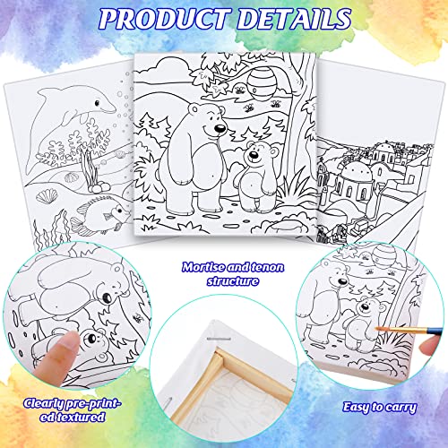 12 Pcs Pre Printed Stretched Canvas Stenciled Painting Canvas Panels Painting Canvas with Pictures to Paint 4 x 4 Inches Pre Drawn Canvas Kids Canvas Painting Set for Beginners Kid Student