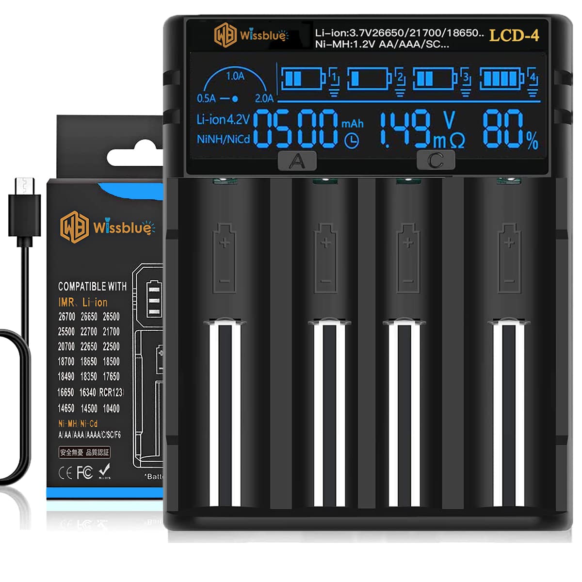 WISSBLUE 18650 Battery Charger, LCD Screen Can Display Capacity, Adjustable 2A 18650 Charger, Suitable for 26650 21700 18350 17500 14500 18650,NiMH NiCd AAA AA