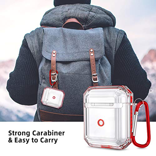 Fitlink Case for AirPods 2&1, Anti-Scratch Shock-Absorption Soft TPU Crystal Clear Case Cover for Apple AirPods 2&1 in Charging Case with Carabiner (AirPods with Wireless Charging Case, Red)