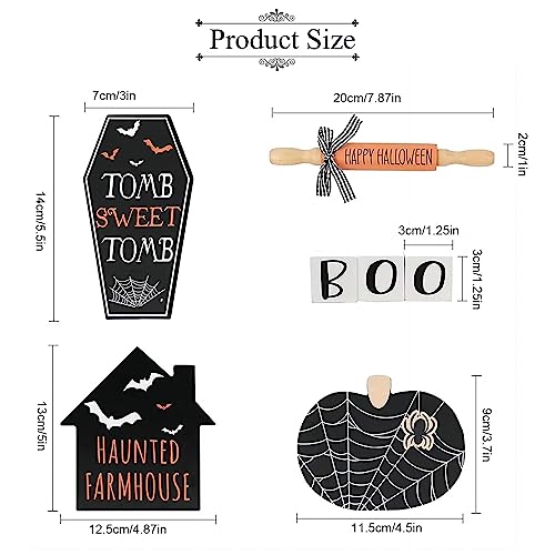 5Pcs Halloween Tiered Tray Decor Set Happy Halloween Boo Wooden Signs Cute Tomb Haunted House Rolling Pins Spiderweb Halloween Decor