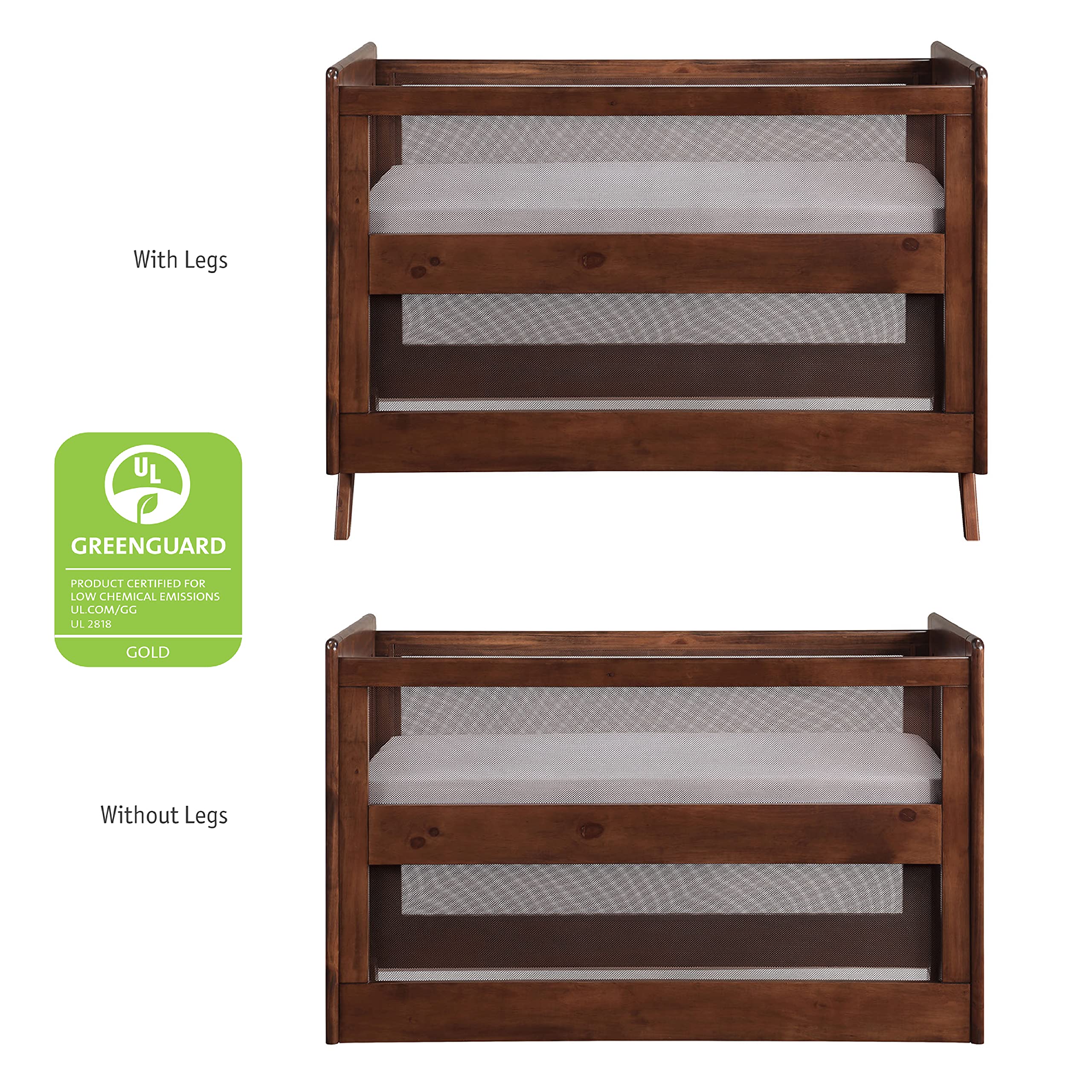 BreathableBaby Breathable Mesh 3-in-1 Convertible Crib (Toddler Bed Kit Sold Separately) — Walnut — Two Adjustable Mattress Heights — Greenguard Gold Certified