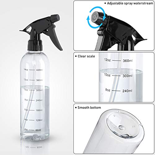 JIUZHU Empty Plastic Spray Bottles (5 pack) for Cleaning Solutions, Hair, Essential Oil, Plants, Refillable Sprayer with Mist and Stream Mode (17 oz)
