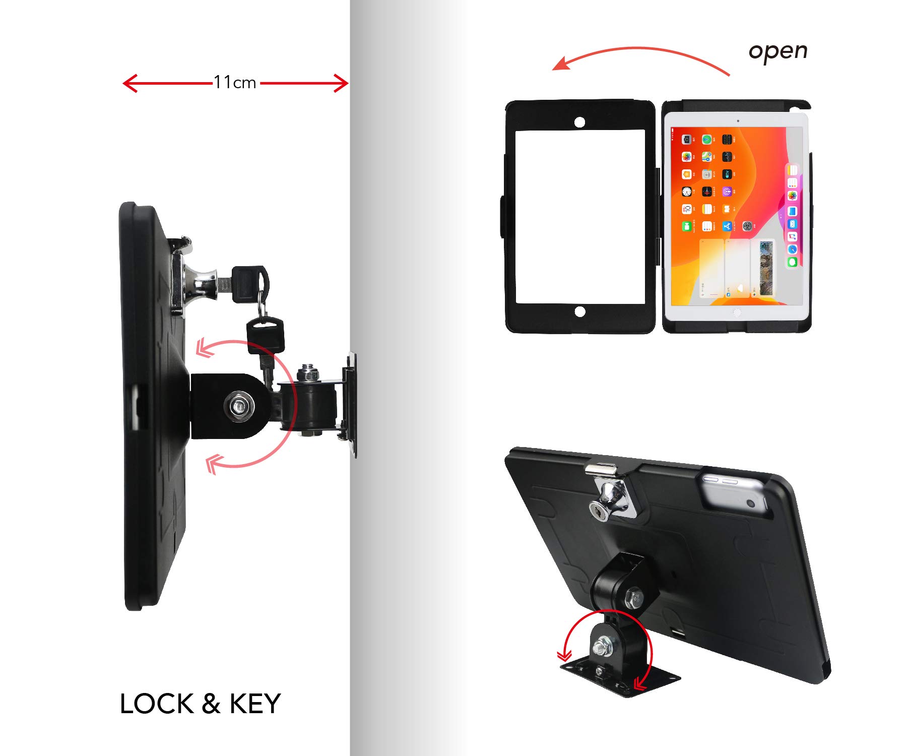 WeSTRUGGLE Tablet On Wall Mount Bracket for iPad 10.2-Inch (9th,8th,7th Gen.),with Anti Theft Security Lock and Key, Rotate Design Arbitrary Adjustment,Multi Angle,Metal,(Black)