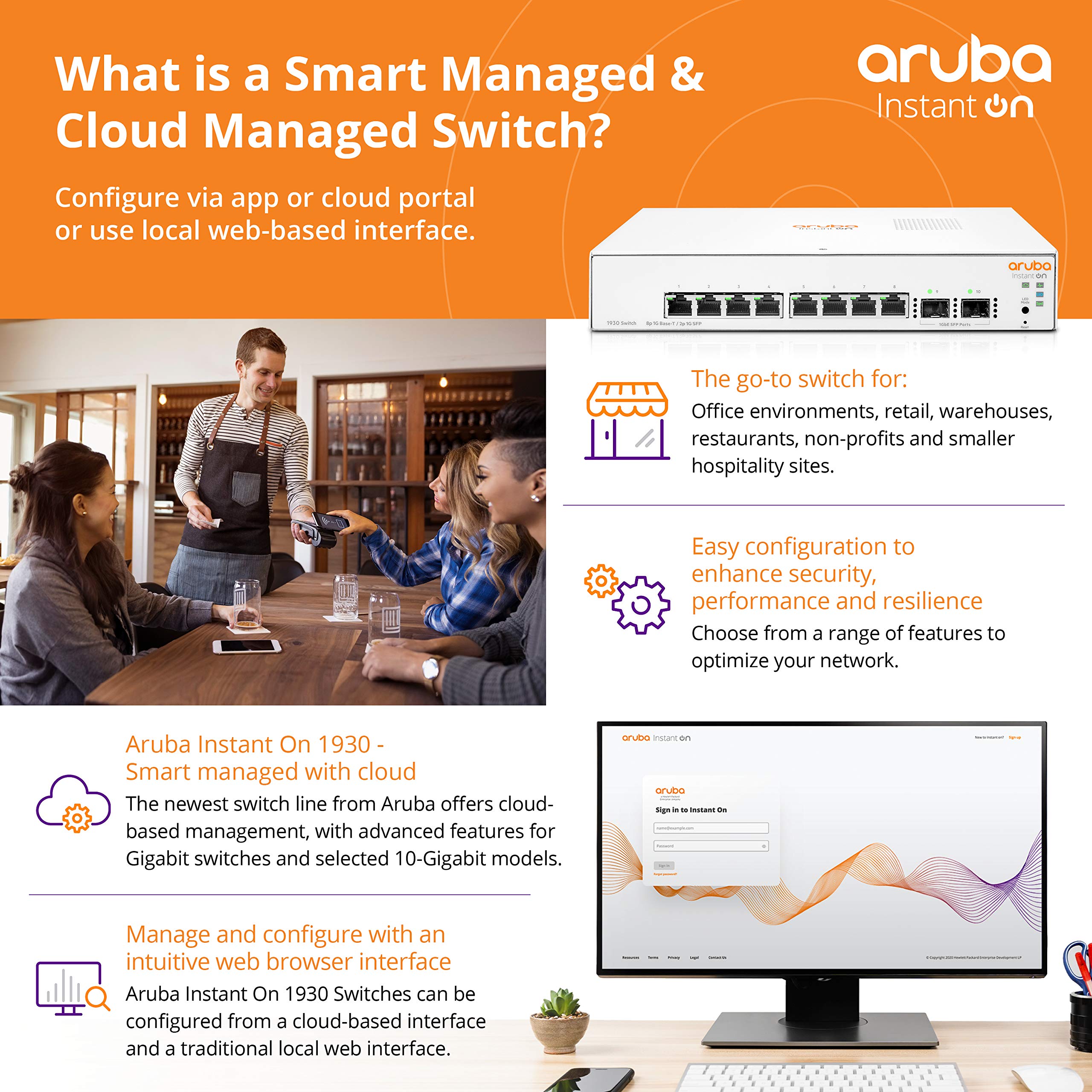 Aruba a Hewlett Packard Enterprise company Instant On 1930 8-Port Gb Ethernet 8 x GE, 2X 1G SFP, L2+ Smart Switch US Cord (JL680A#ABA)
