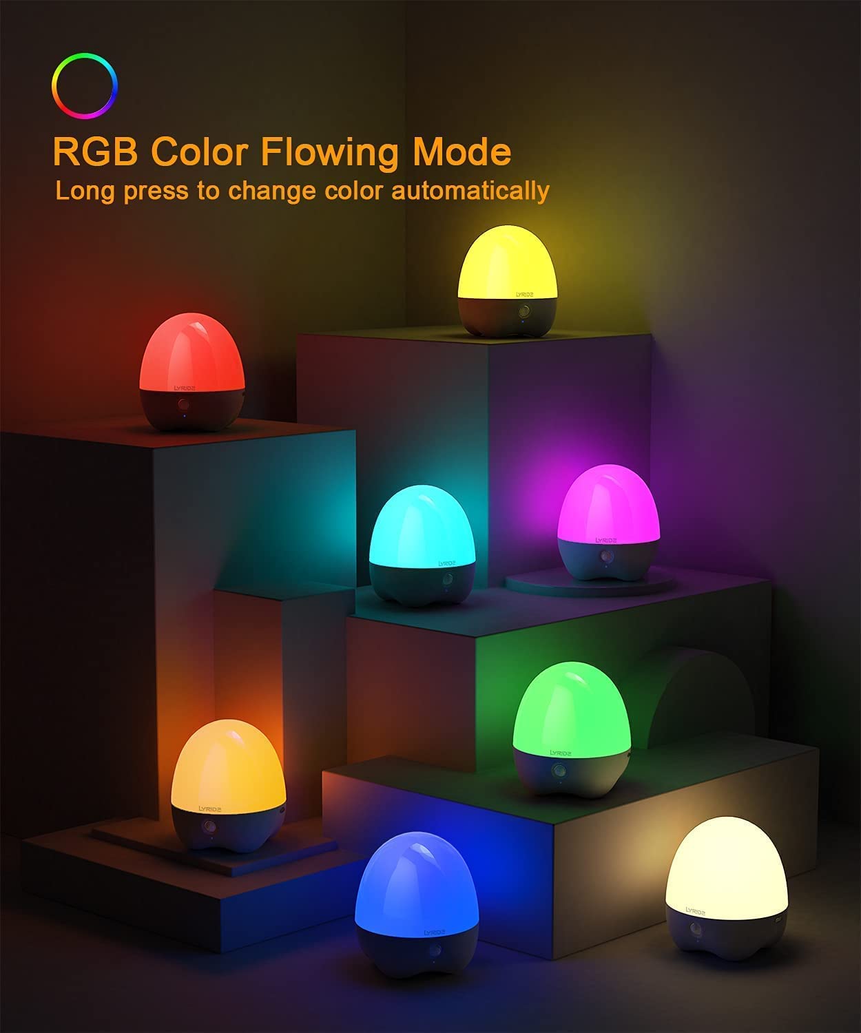 Lyridz Nursery Night Light for Kids, Motion Sensor Night Light with 8 Colors Changing, Dimmable, Rechargeable, 1-Hour Timer, Touch Control