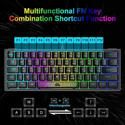 60% Gaming Keyboard and Mouse,Rainbow LED Backlit Gaming Keyboard with Wired Mini Portable Ergonomic 2400 DPI Ultralight Gaming Honeycomb Shell Mouse,Mouse Pad for Windows PC Gamers(Black)