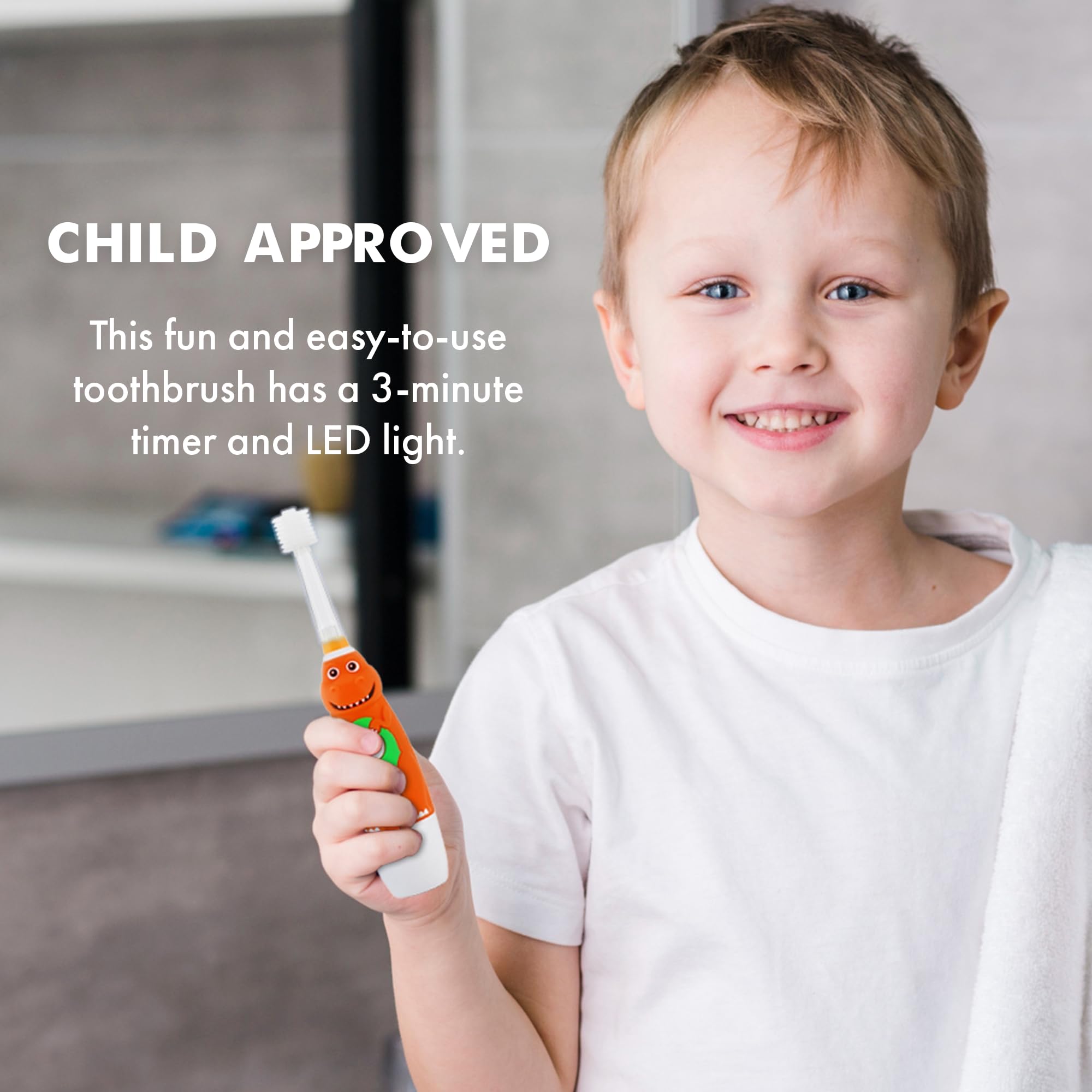 Brilliant Oral Care Kids Sonic Electric Toothbrush with Soft Bristles, Round Brush Head, LED Light, and Timer, for Children Ages 5+, Dinosaur