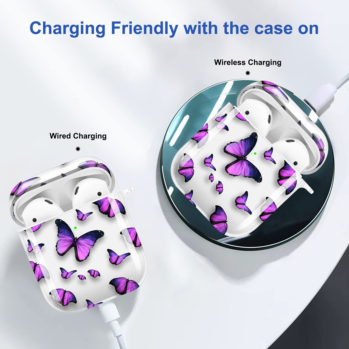 Maxjoy for AirPods Case Cover, Clear AirPod Case for Women Girly Cute Soft Protective Transparent iPod Case with Keychain Clip for AirPods 2nd 1st Generation Charging Case 2&1, Purple Butterfly