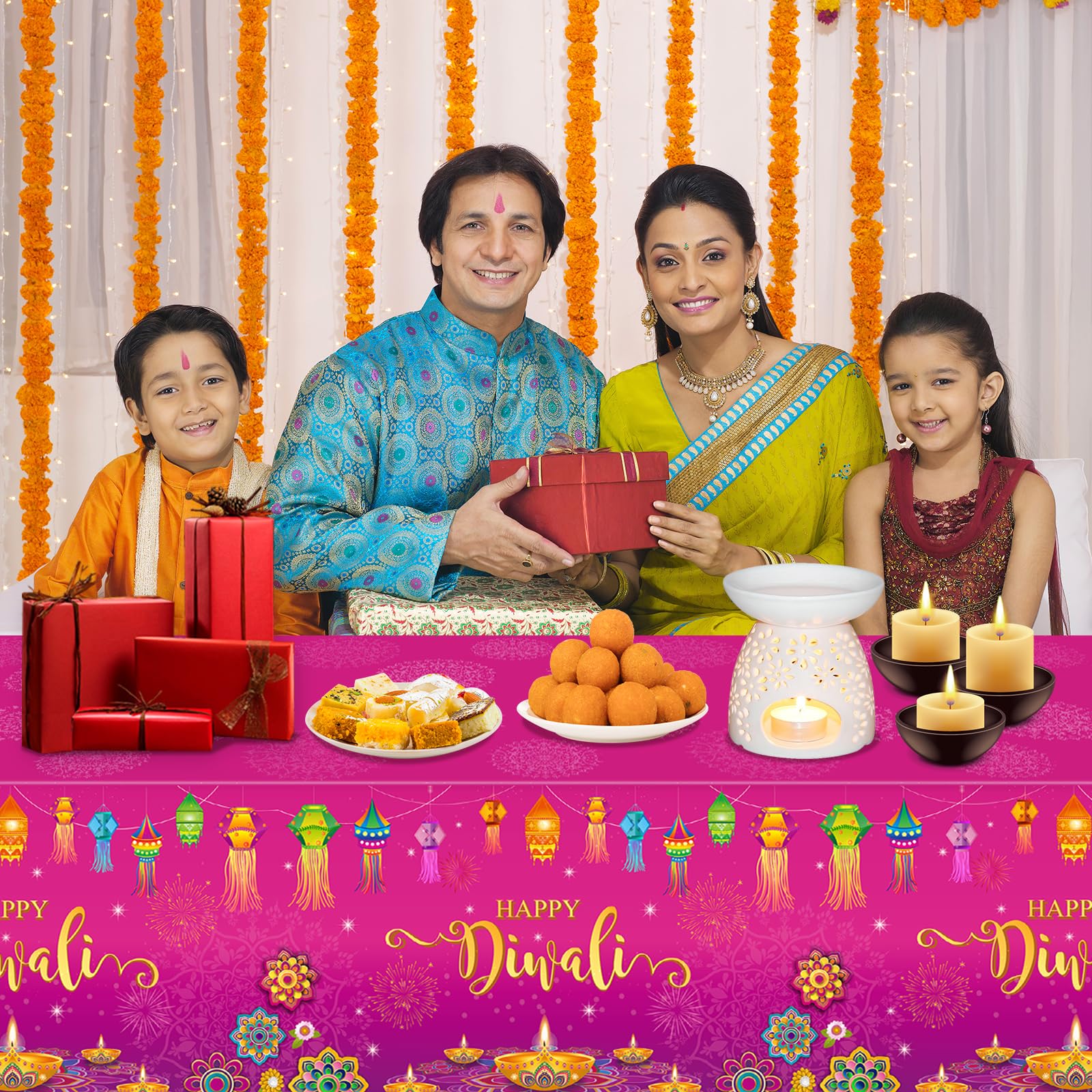 3 Pack Happy Diwali Disposable Tablecloth, Festival of Lights Plastic Table Cover for Rectangle Tables, Diwali Table Cloth for Indian Diwali Light Celebration Party Supplies Decorations, 54×108 Inch