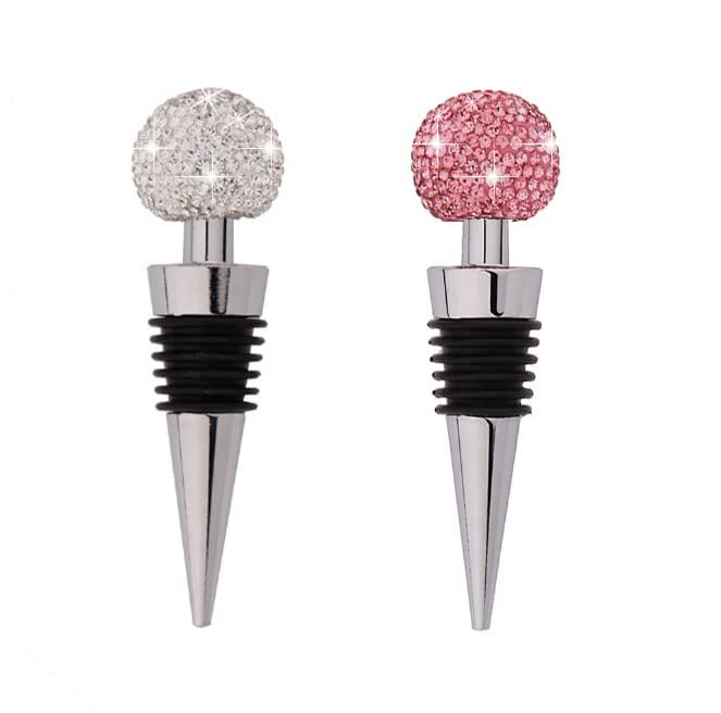 2 pack GSRYPC Bling Bling Decorative Crystal Diamond Wine Stopper ,Zinc Alloy Silicone Crystal Wine Toppers Stopper Wine Set Accessories For Gifts, Bar, Holiday Party, Wedding(Silver+pink)