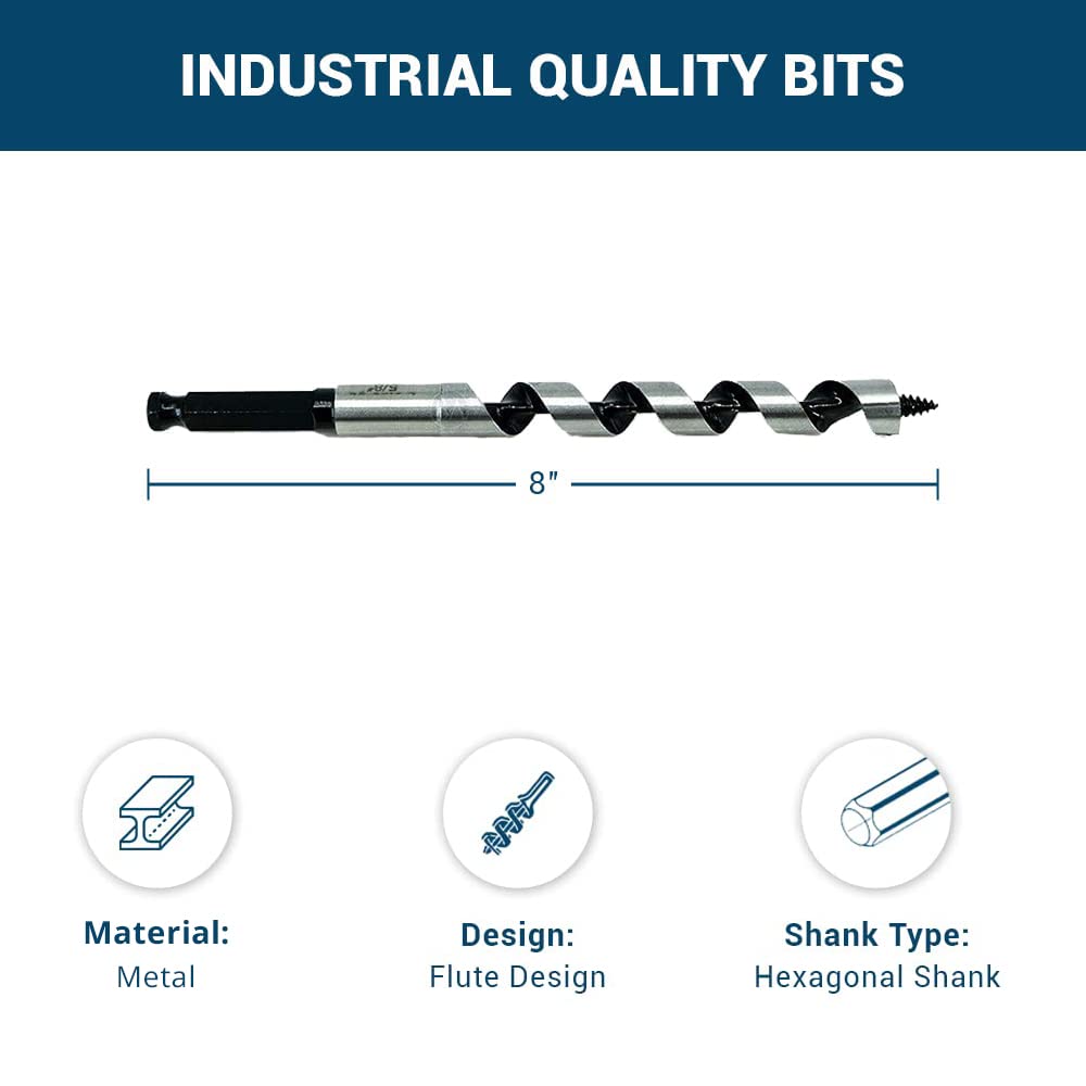 Benchmark Abrasives 1/2" Auger Drill Bit for Wood, 7/16β Hex Shank, Fast Drilling Bits for Soft and Hard Wood, Plastic, Plywood, Lumber, Drywall, and Composite Materials (1/2")