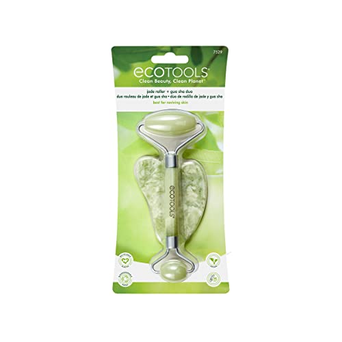 EcoTools Beauty Skin Care Tool Jade Facial Roller and Gua Sha Stone Duo, Face Roller and Massager, Skincare and Sculpting Tools, Green, Promotes Healthy Skin, Massager, 2 Piece Set, 1 Count