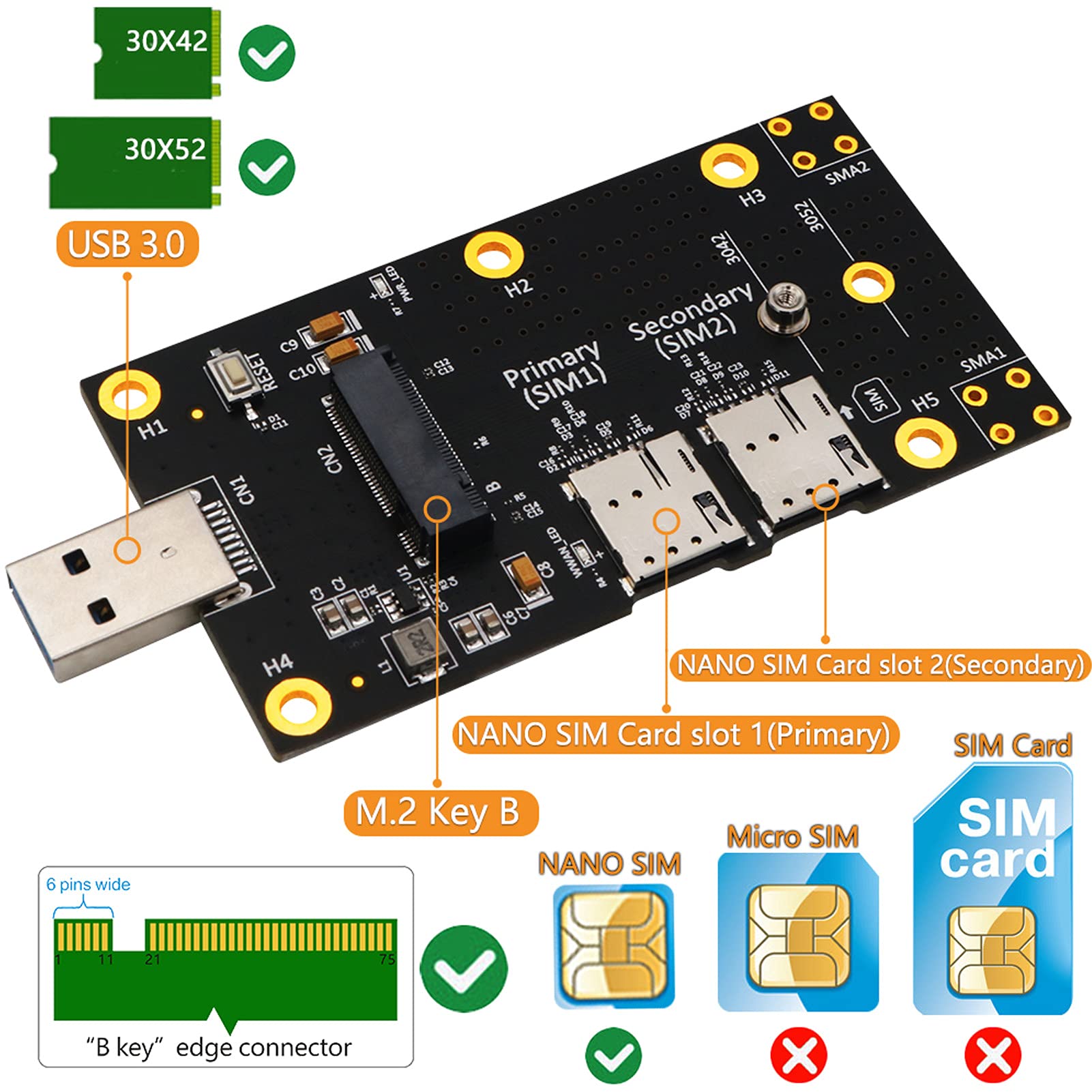 M.2 NGFF to USB 3.0 Adapter Card, 3042/3052 NGFF (M.2) to USB 3.0 A Adapter with Nano SIM Card Slot for 3G/4G/5G Module