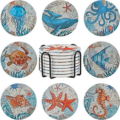 8 Pieces Stone Coasters with Holder for Drinks, Cork Base Ocean Beach Theme Tropical, for Housewarming, Apartment Kitchen Room Bar Decor, Funny Birthday, Wooden Table