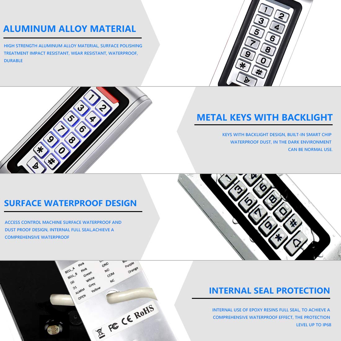 Door Access Control System Stand-Alone Password Keypad + 5PCS Proximity Keychains, Support 2000 Users Card Reader, Weatherproof, Backlight, Zinc Alloy Metal Case, for Garage Door, Gate Opener