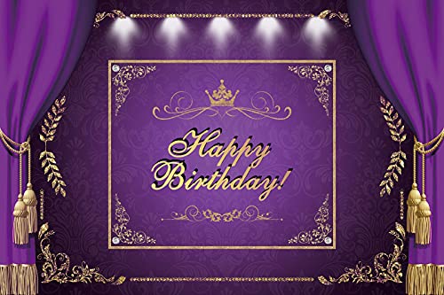 5x3FT Purple Happy Birthday Backdrop Purple and Gold Curtain Crown Floral Texture Decoration for Women Photography Background Party Decorations Banner Supplies Photo Booth Studio