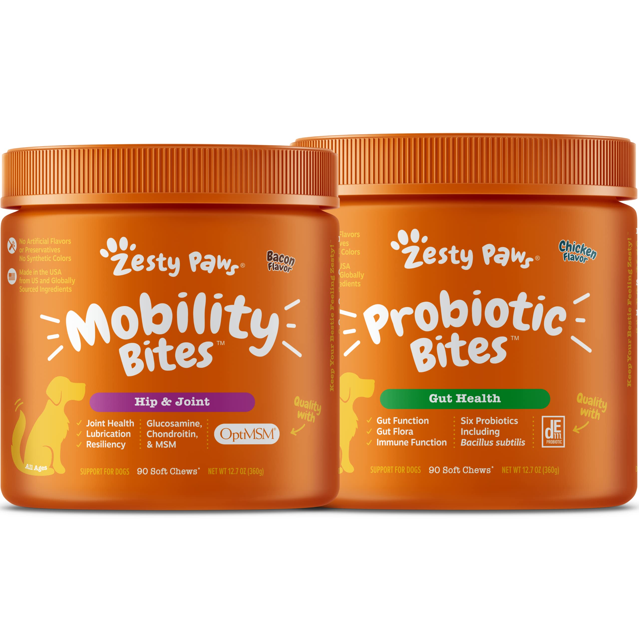 Zesty Paws Glucosamine for Dogs - Hip & Joint Health Soft Chews with Chondroitin & MSM + Probiotics for Dogs - Probiotics for Gut Flora, Digestive Health
