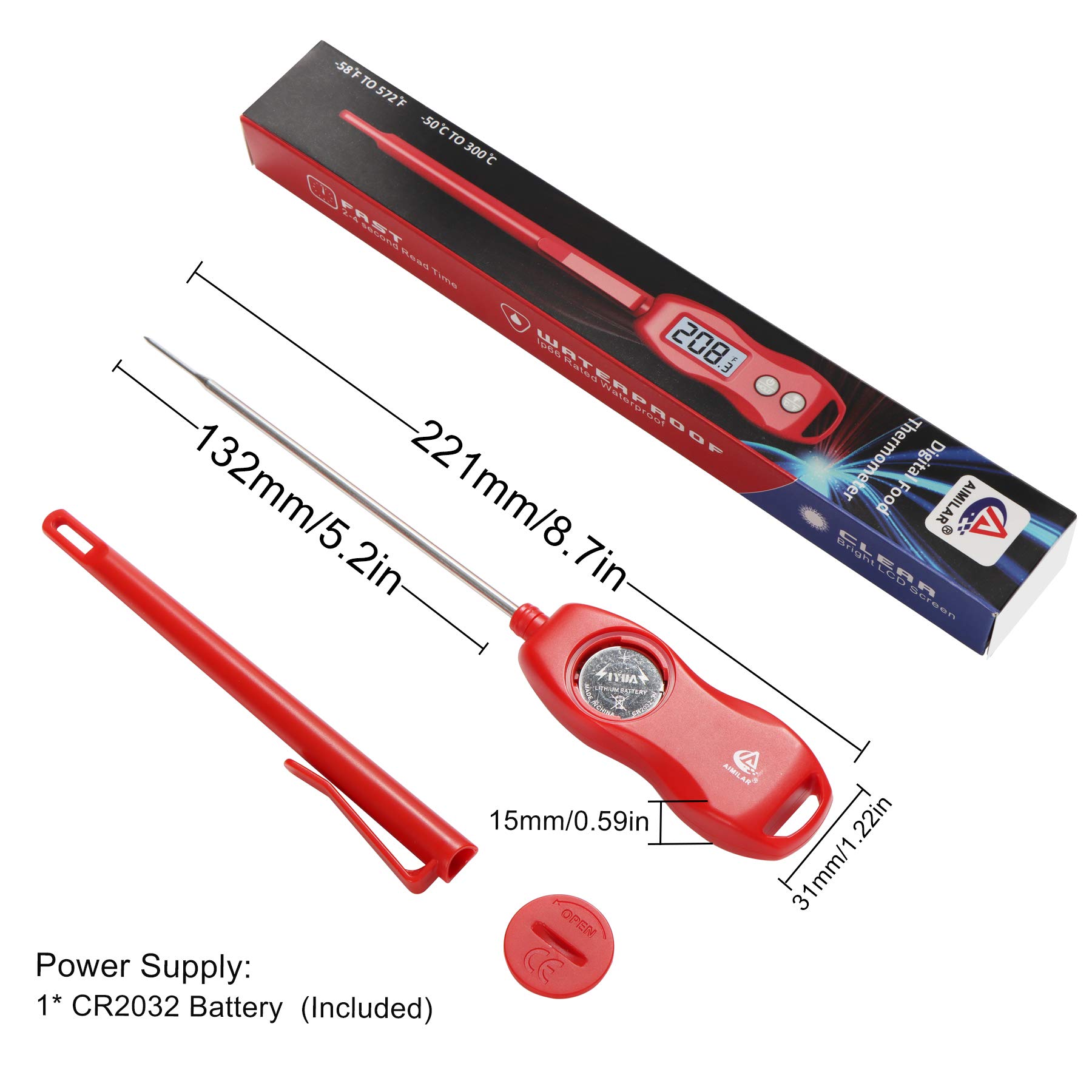 2 Pack Instant Read Digital Meat Thermometer - AIMILAR AY6001-R2 Magnetic Waterproof Food Cooking Thermometer with Backlight for Kitchen Oven BBQ Grill Smoker Turkey Candy Water