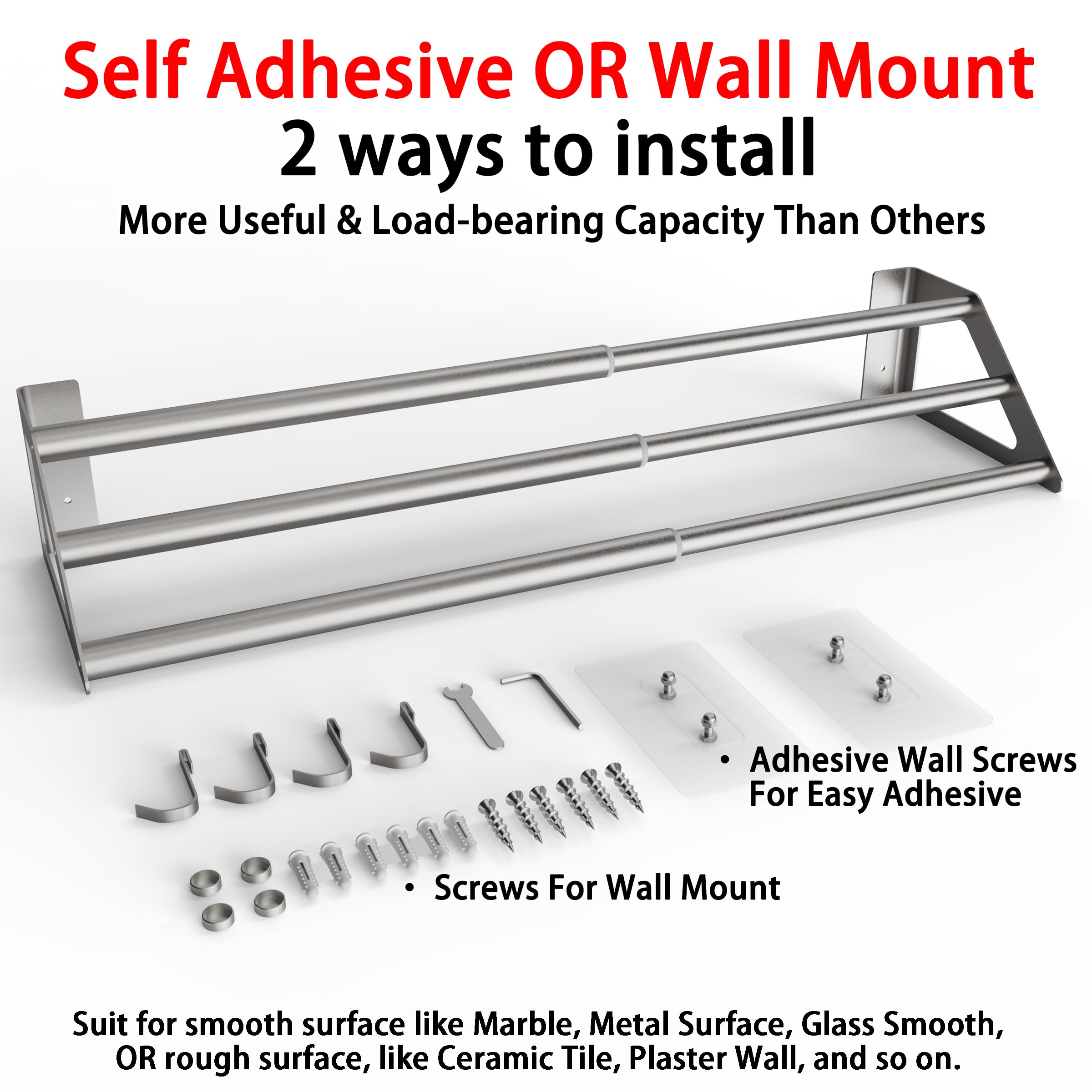 13.5-24 Inch Adjustable Towel Rack with Adhesive Wall Screws for Bathroom, Wall Mount Towel Bar Holder, Bath Towel Shelf Hanger with Movable Hooks, 3-Tiers Ladder Towel Rails, SUS 304 Stainless Steel
