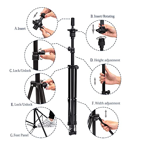 HYOUJIN Wig Head Stand Tripod Mannequin Head Stand Metal Adjustable Holder for Mannequin Head,Manikin Head,Training Head,Canvas Block Head with Wig Caps,T-Pins,Carry Bag (With Foot Panel)