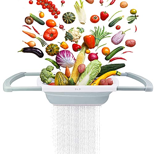 DLD Kitchen Collapsible, Collapsible Silicone,Colander Strainer Over The Sink Vegetable, Fruit Colanders Strainers With Extendable Handles, Folding Strainer for Kitchen (Gray&white)