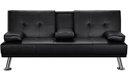 Topeakmart Living Room Futon Sofa Bed Faux Leather Sofa Couch Modern Convertible Folding Recliner with Cup Holders Living Room Furniture Sofa Black