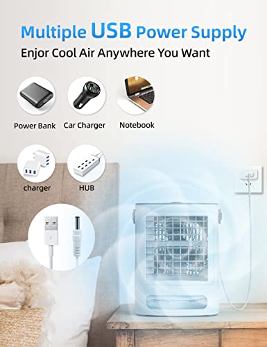 3-IN-1 Portable Air Cooler, USB Powered Desktop Cooling Fan, 3 Levels Spray Humidify & 3 Speeds Personal Air Conditioner Fan w/8 Night Light Modes, Evaporative Air Cooler for Small Room/Office/Camping