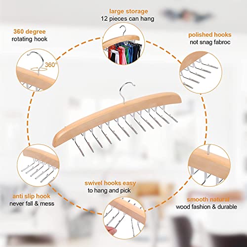 3 Pack Tank Top Hanger with Premium Wood,24 Large Capacity Foldable Metal Hooks,Space Saving,360° Rotating,Closet Organizer for Tank Tops/Bras/Scarfs/Ties/Belts/Camisole/Bathing Suits/Stockings