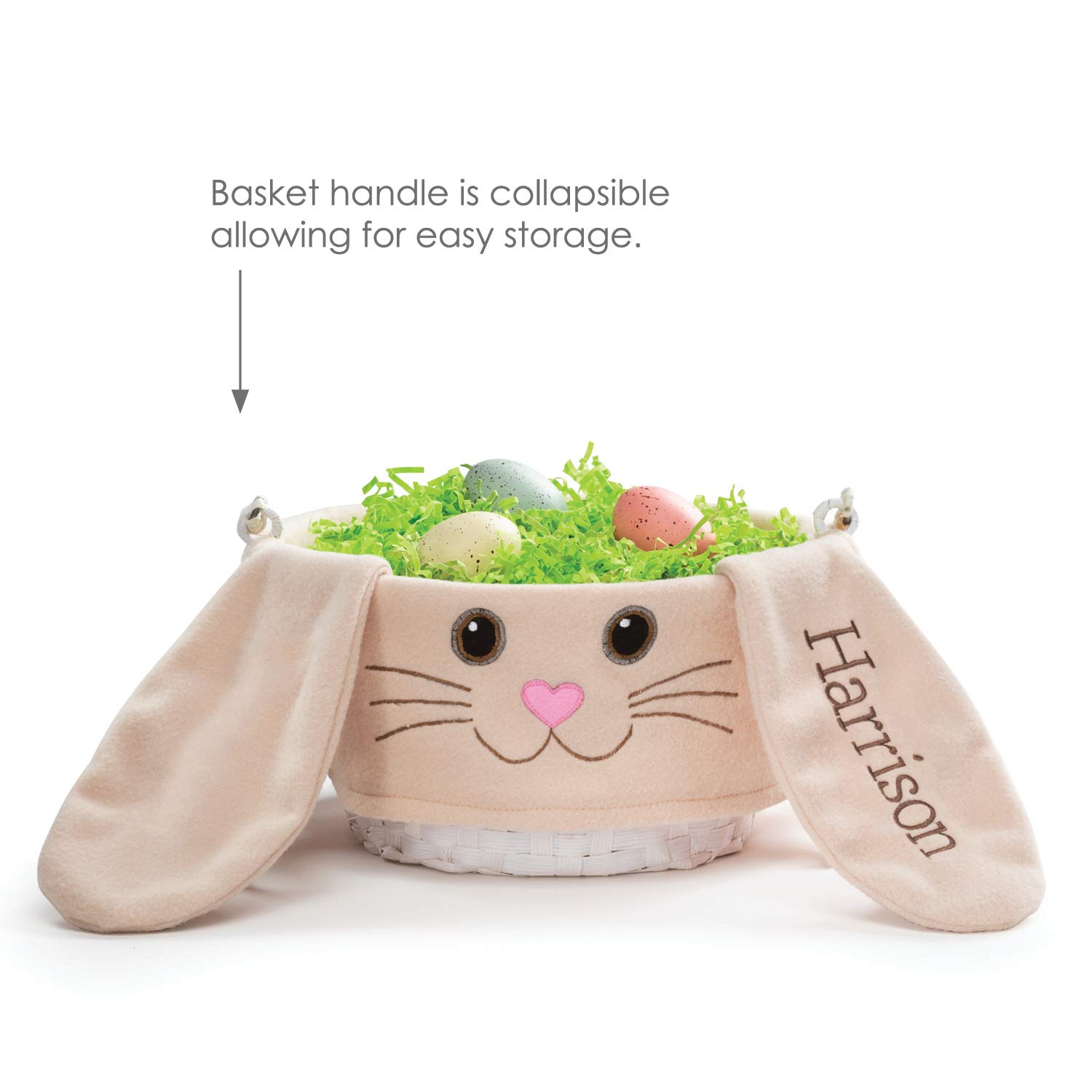 Personalized Easter Egg Basket with Handle and Custom Name in Brown Script | Floppy Ear Bunny Easter Basket Liners | White Basket | Woven Easter Baskets for Kids | Customized Easter Basket
