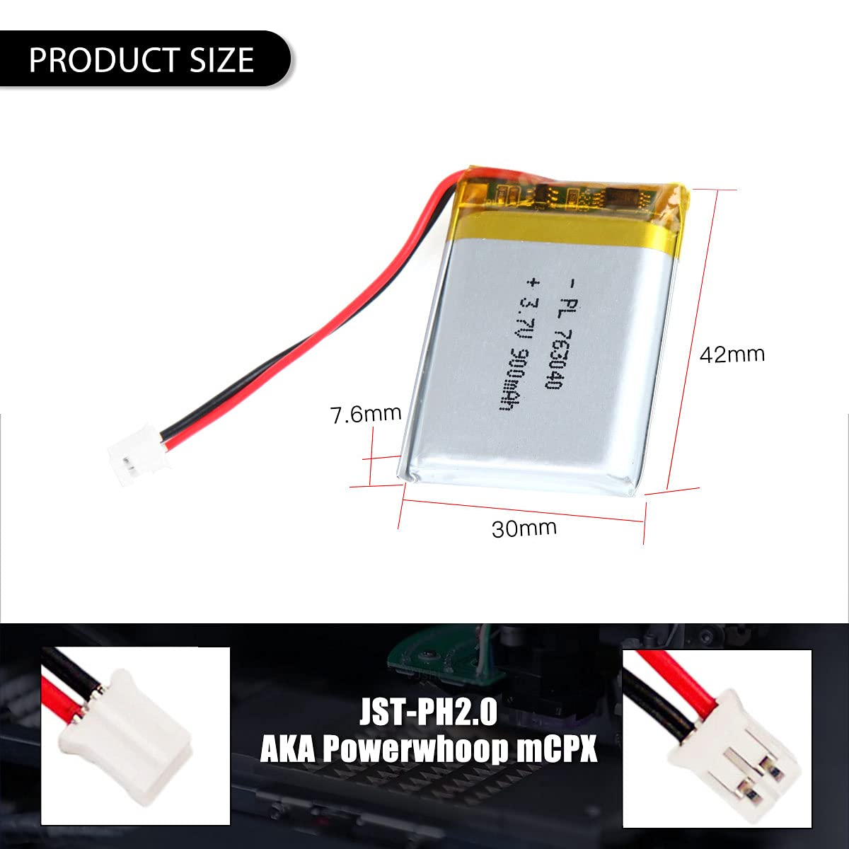 AKZYTUE 3.7V 900mAh 763040 Lipo Battery Rechargeable Lithium Polymer ion Battery Pack with JST Connector