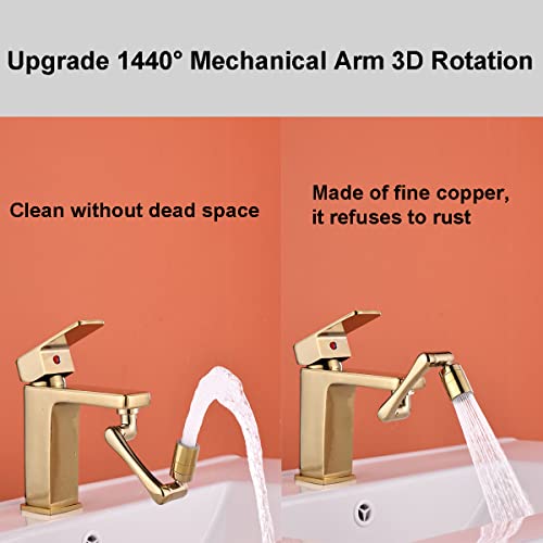 1440° Rotating Faucet Extender, 1080°+360° Large-Angle Splash Filter Faucet Aerator, with 2 Water Outlet Modes, Universal Brass Splash Filter Faucet Extension for Kitchen and Bathroom Sink, Golden