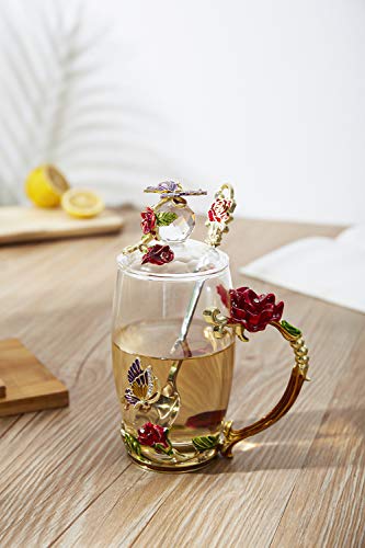 Flower Teacup Transparent Glass Teacup, (With Spoon + Lid) , Fancy Tea Cups , Flower Tea Cup,Tea Cup Gift, Gifts for Women,Mother's Day Present,Gift Box. (Rose Red High Cup)