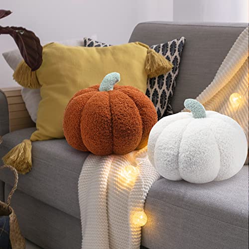 2 Pieces Simulated Pumpkin Plush Pillow 11 x 9.5 Inch 3D Thanksgiving Cushion Shaped Pillow Cozy Fall Decorations Toy Pillows for Thanksgiving Christmas Bedroom Sofa Couch Supplies (White, Brown)