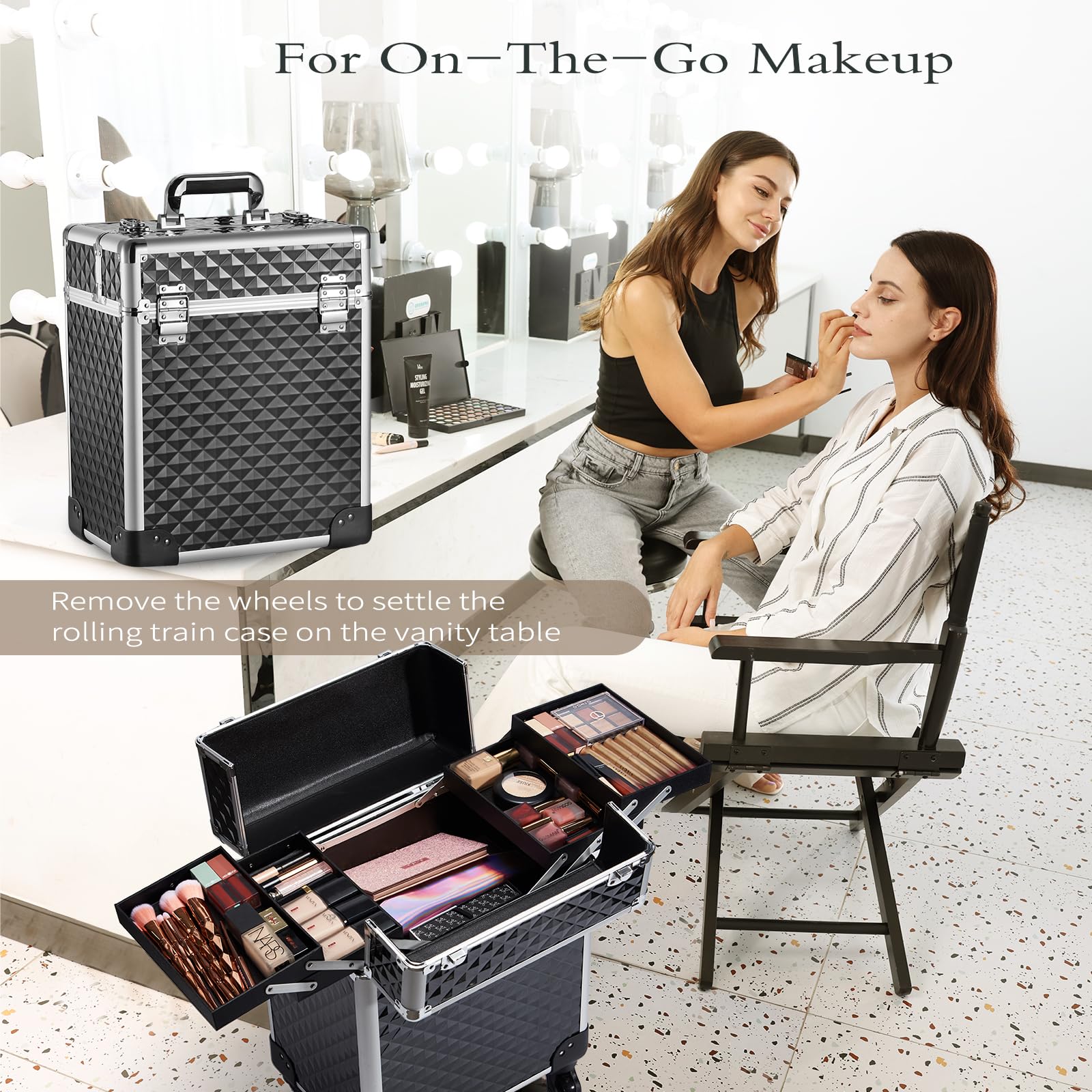 Mecucasi Rolling Makeup Train Case Large Cosmetic Trolley Organized Aluminum Barber Case for Hairstylist Makeup Nail Tech Salon with Keys Swivel Wheels Traveling Cart Trunk - Black