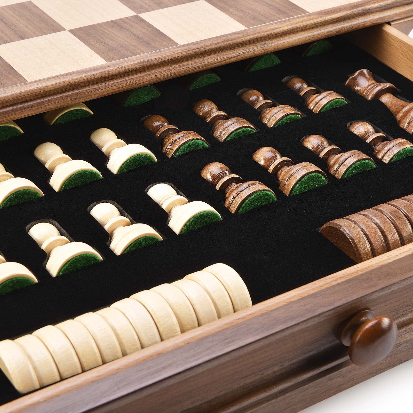 AMEROUS 15" x 15" Wooden Chess & Checkers Set with Built-in Storage Drawers/Weighted Chess Pieces / 2 Bonus Extra Queens / 24 Cherkers Pieces/Classic 2in1 Board Games for Kids, Adults