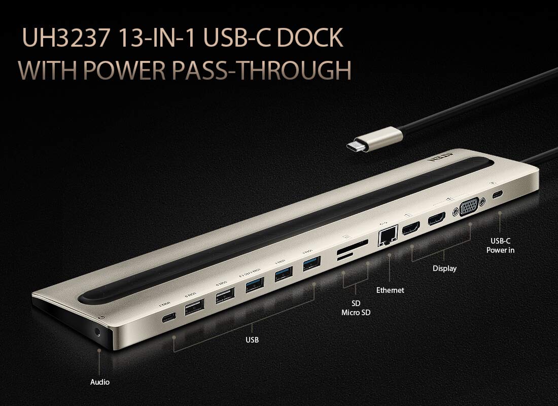 ATEN UH3237 USB-C Docking Station 13-in-1 USB C Dock for 13 Devices USB SD Micro SD with Power Pass-Through 85W PD 3.0 4K at 30Hz one HDMI or Dual Display Output at 60Hz Gold and Black Premium Design