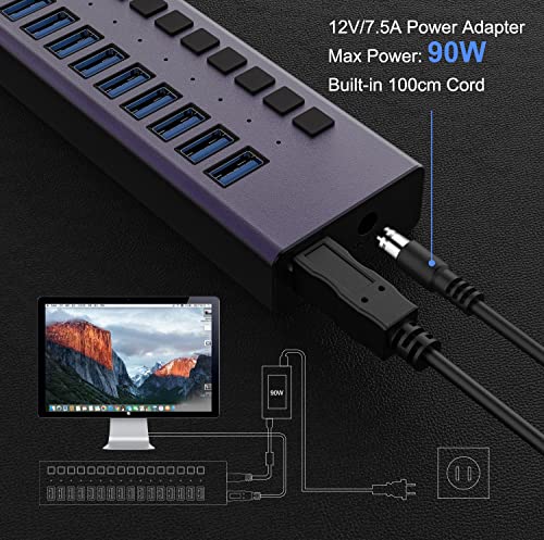 USB 3.0 Hub -16 Ports Powered USB Hub 90W USB Charging Hub with Individual On/Off Switches and 12V/7.5A Power Adapter and Lights for PC, Laptop, Computer, Mobile HDD, Flash Drive and More(Purple)