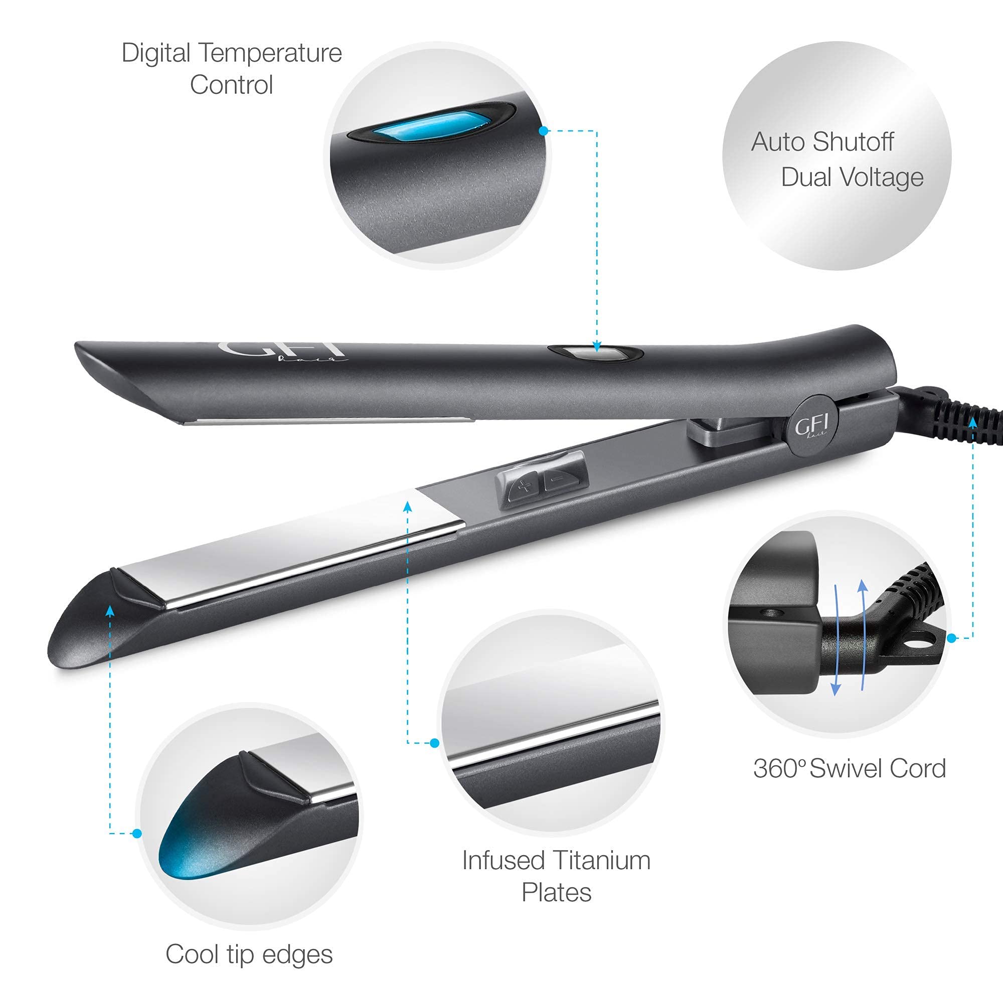 GFI Hair Straightener - Turbo Heating Element - Titanium Flat Iron - Straightens & Curls Any Hair Type - Temperature Control - Pouch & Glove Included