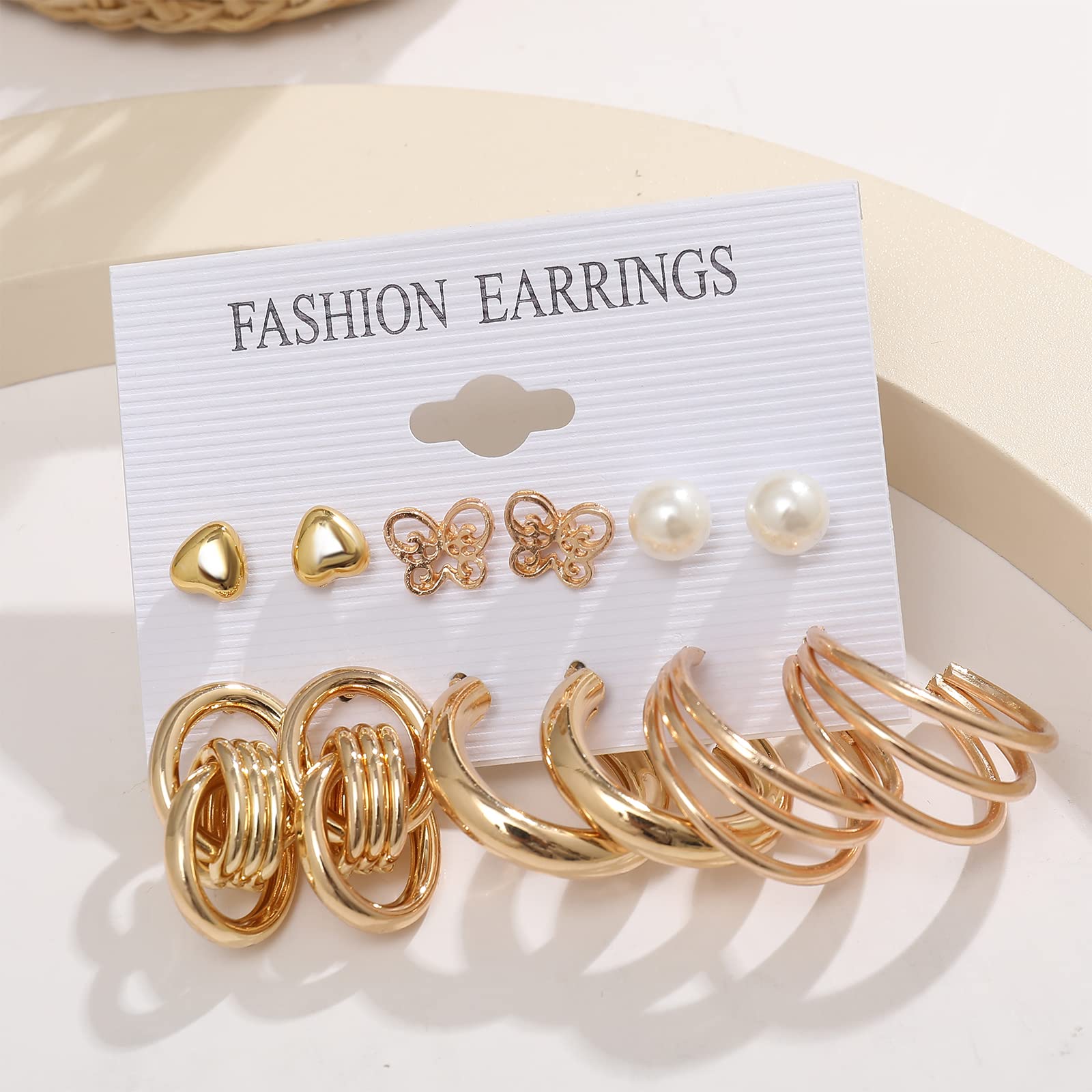 18 Pairs Gold Hoop Earrings Set for Women Multipack, Boho Fashion Statement Stud Pack with Pearl Butterfly Shaped Assorted Small Big Jewelry for Gift