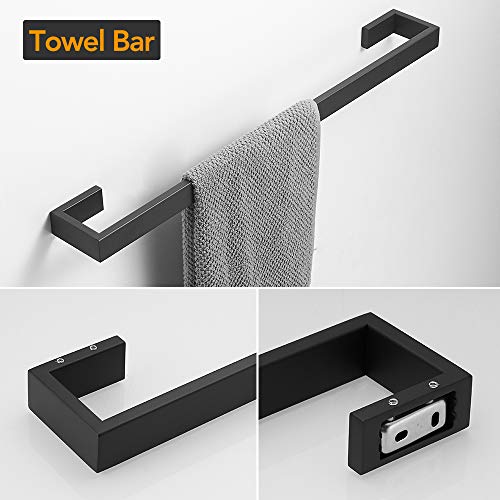 BESy 4 Piece Bathroom Accessories Set (23.6'' Towel Bar, Hand Towel Holder Towel Rack, Toilet Paper Holder, Double Towel Hooks), Wall Mounted Bath Hardware Fixtures Set, Stainless Steel/Matte Black