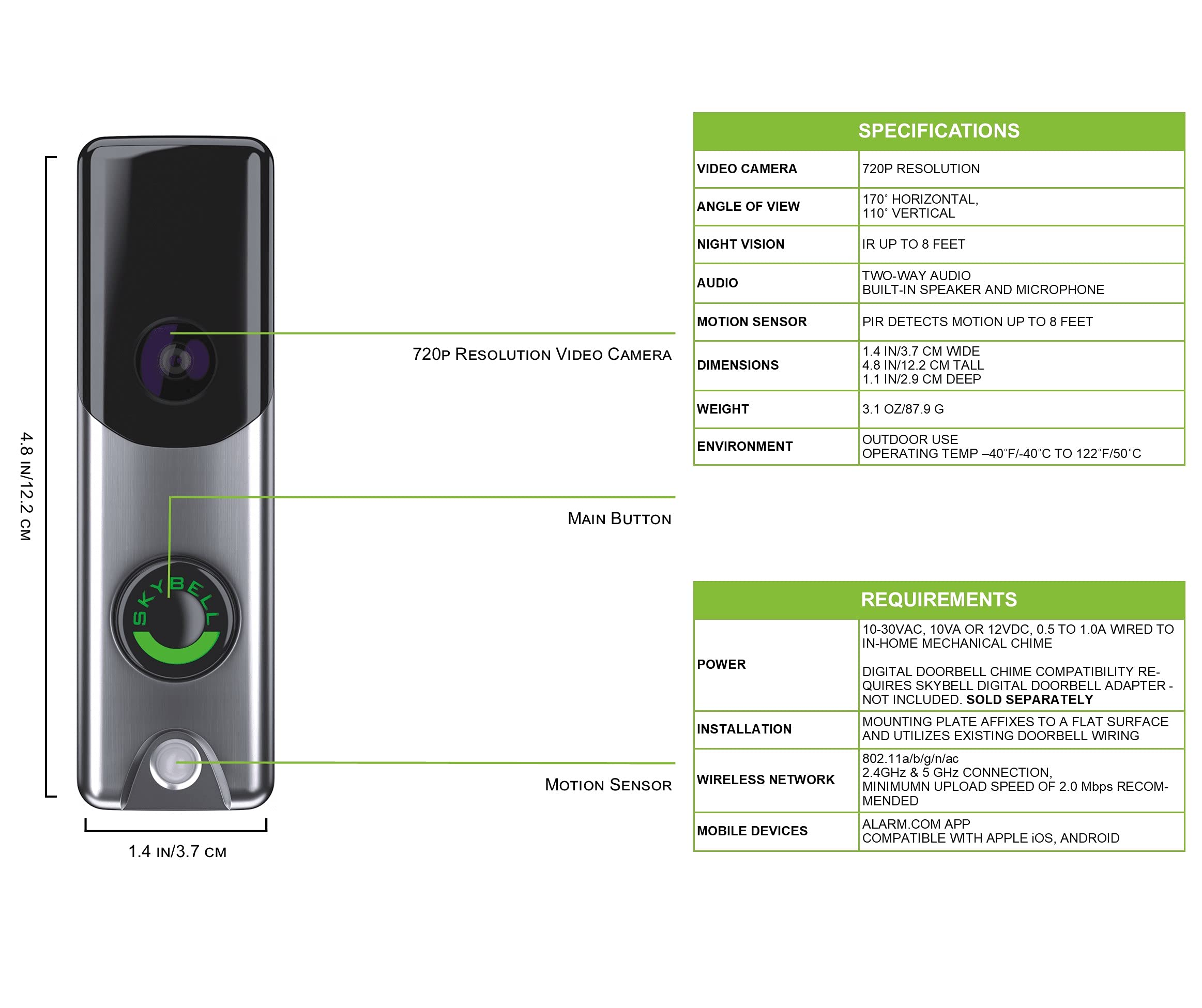 Skybell Slim Line II Silver Wi-fi Video Doorbell Camera for Alarm.com ADC-VDB105X Bundled with 4 inch Warning Sticker. Not Compatible with The Skybell app. Monthly Paid Subscription Required