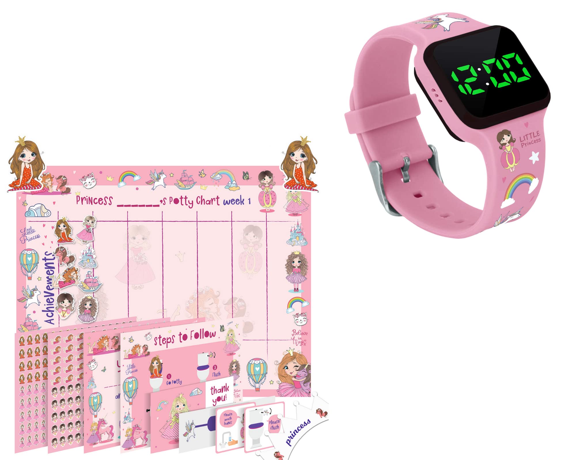 ATHENA FUTURES Potty Training Count Down Timer Watch - Princess Pink and Potty Training Chart for Toddlers - Princess Design