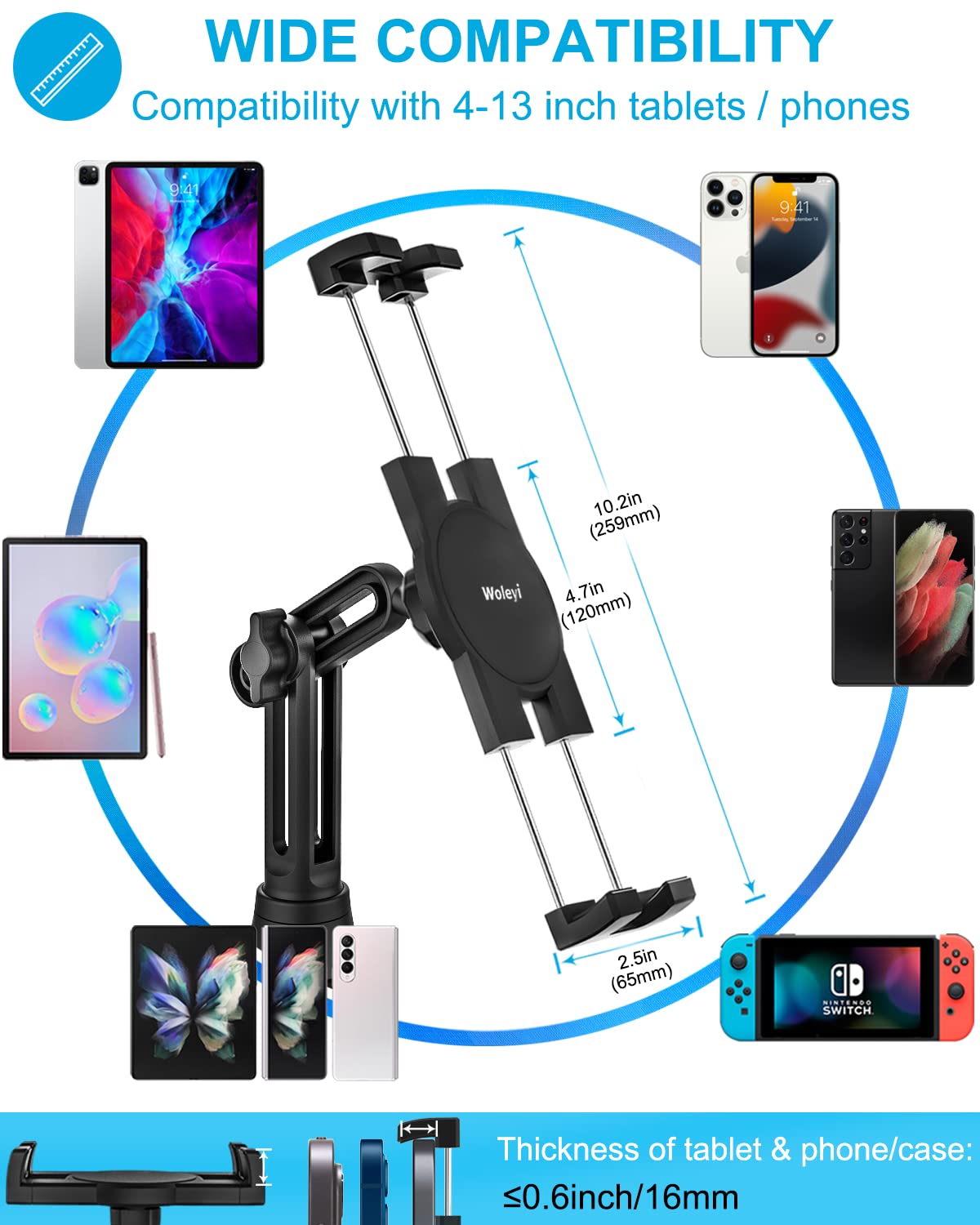 Cup Holder Tablet Mount, woleyi Car/Truck Cupholder Tablet Holder Stand with Adjustable Arm, Compatible with iPad Pro/Air/Mini, Galaxy Tab/Z Fold, Fire HD, iPhone, More 4.7-13" Cell Phones and Tablets