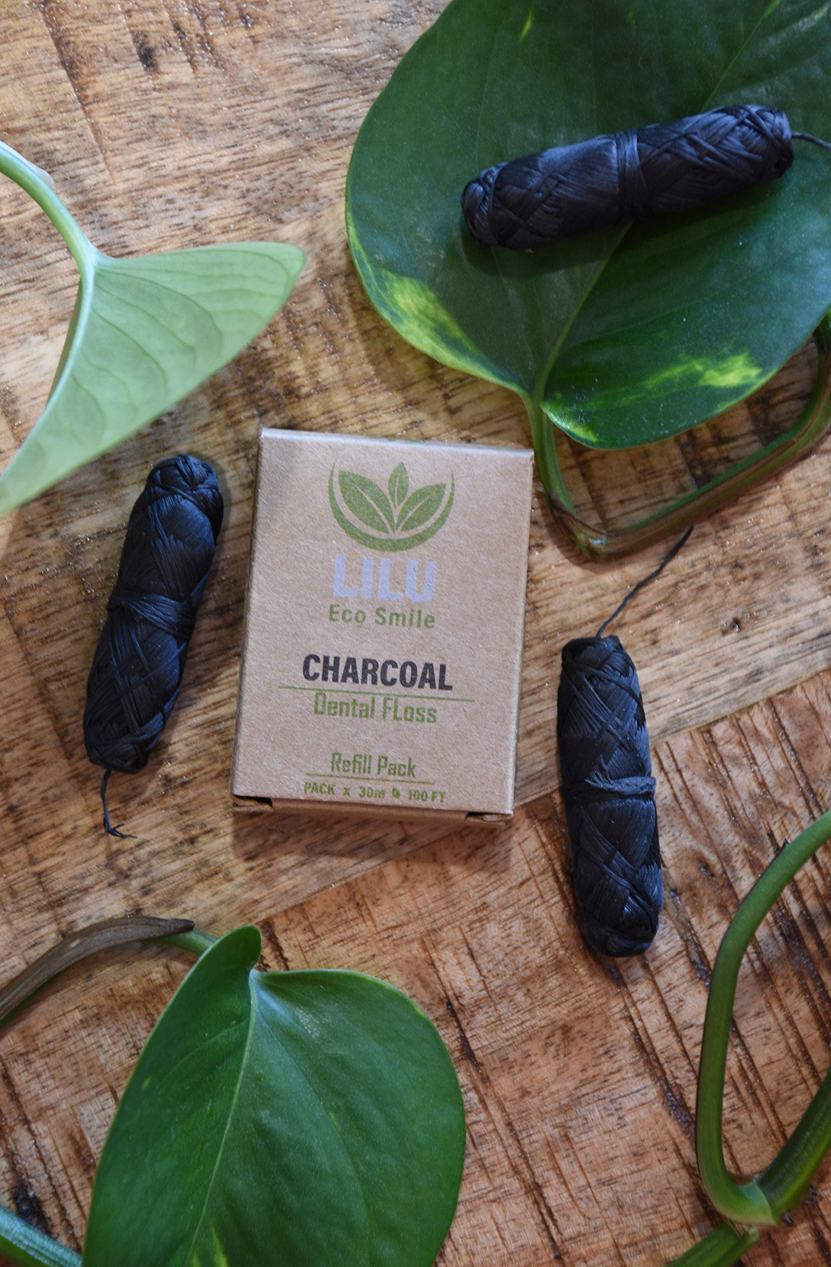 Organic Vegan Bamboo Charcoal Dental Floss X 3 Refill Pack by LILU | with Tea Tree and Peppermint Essential Oils | 3 X 100ft 33m Naturally Waxed | Eco-Friendly Zero Waste